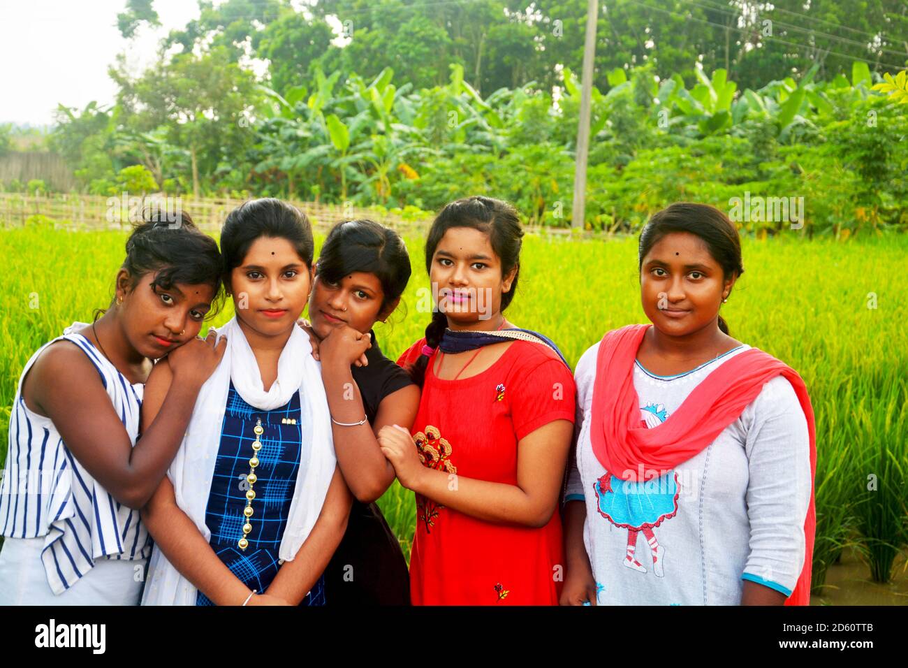 Close up of six Indian teenage girls wearing traditional colorful ...