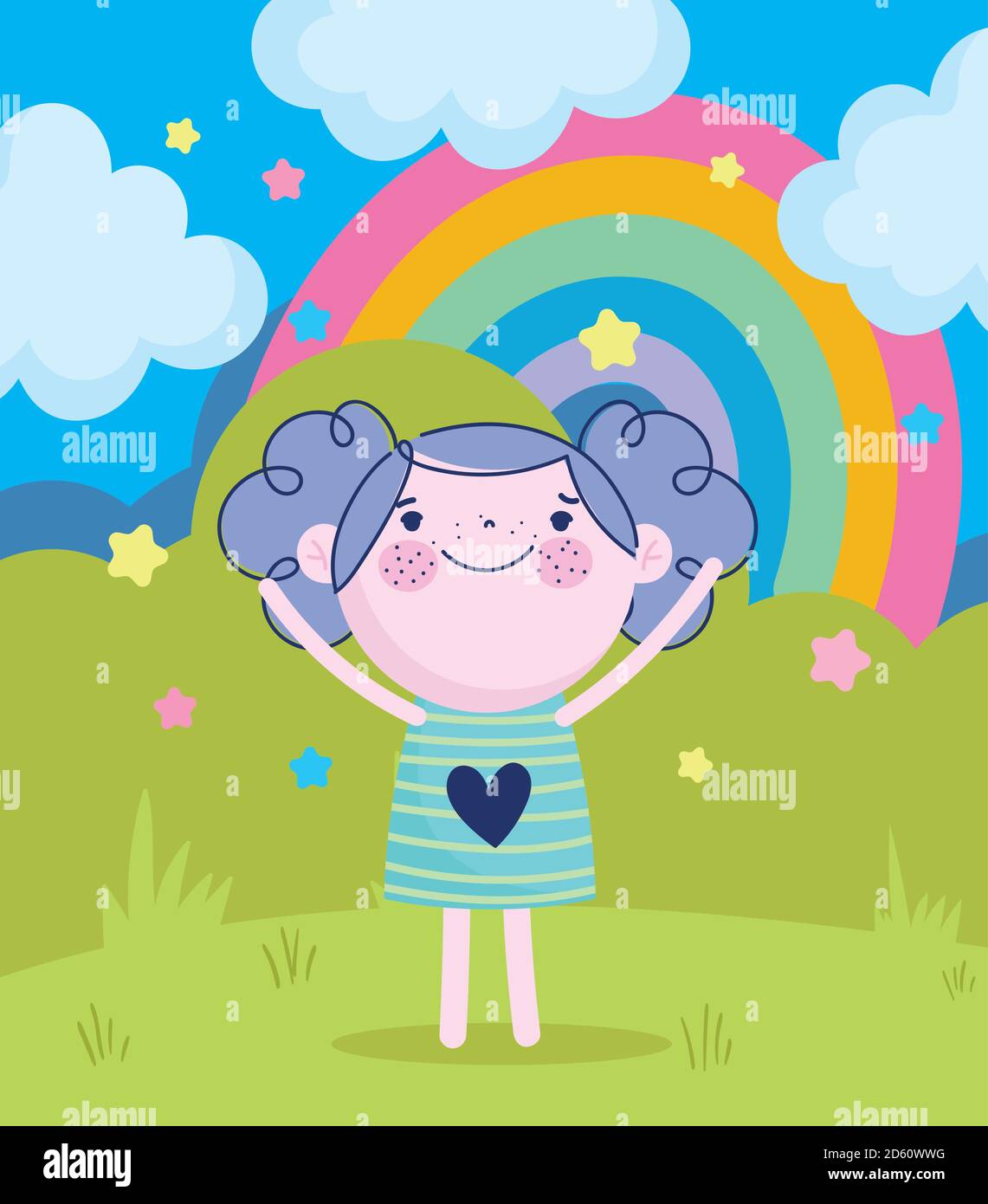 childrens day, cartoon happy girl with rainbow clouds and stars vector ...