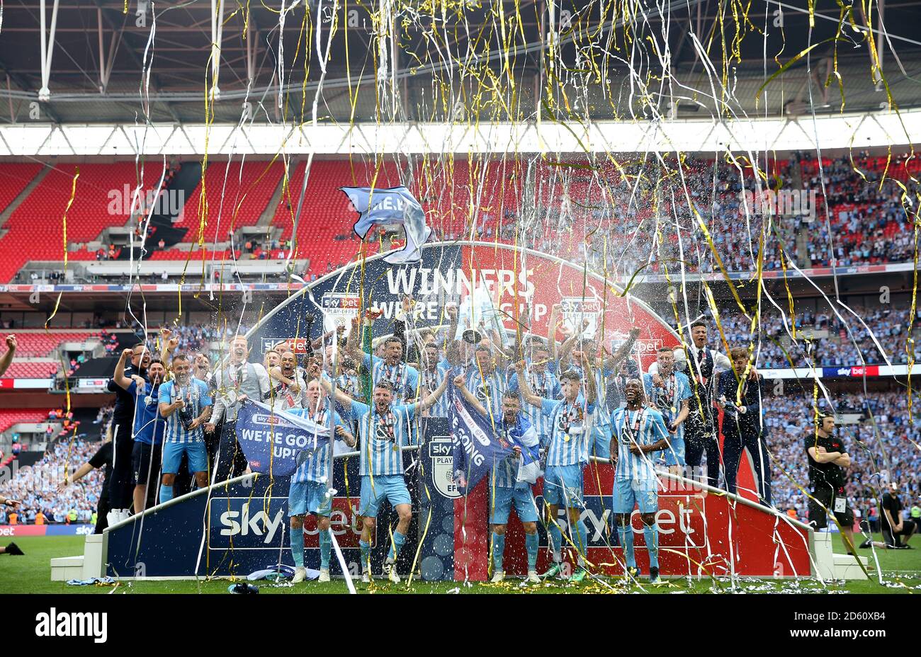 Coventry City players celebrate with the trophy after the game Stock ...