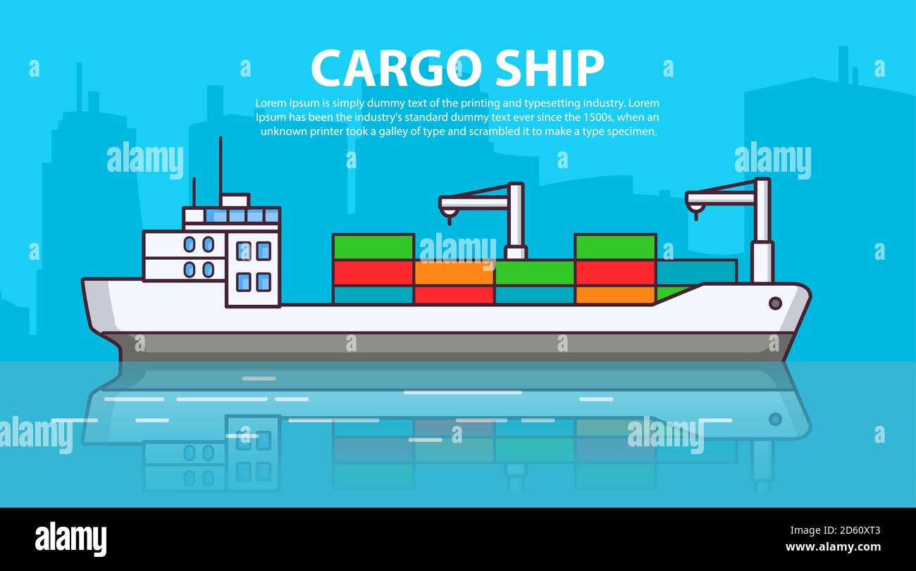Cargo ship. Freighter shipping. Delivery of goods. Flat line art vector ...