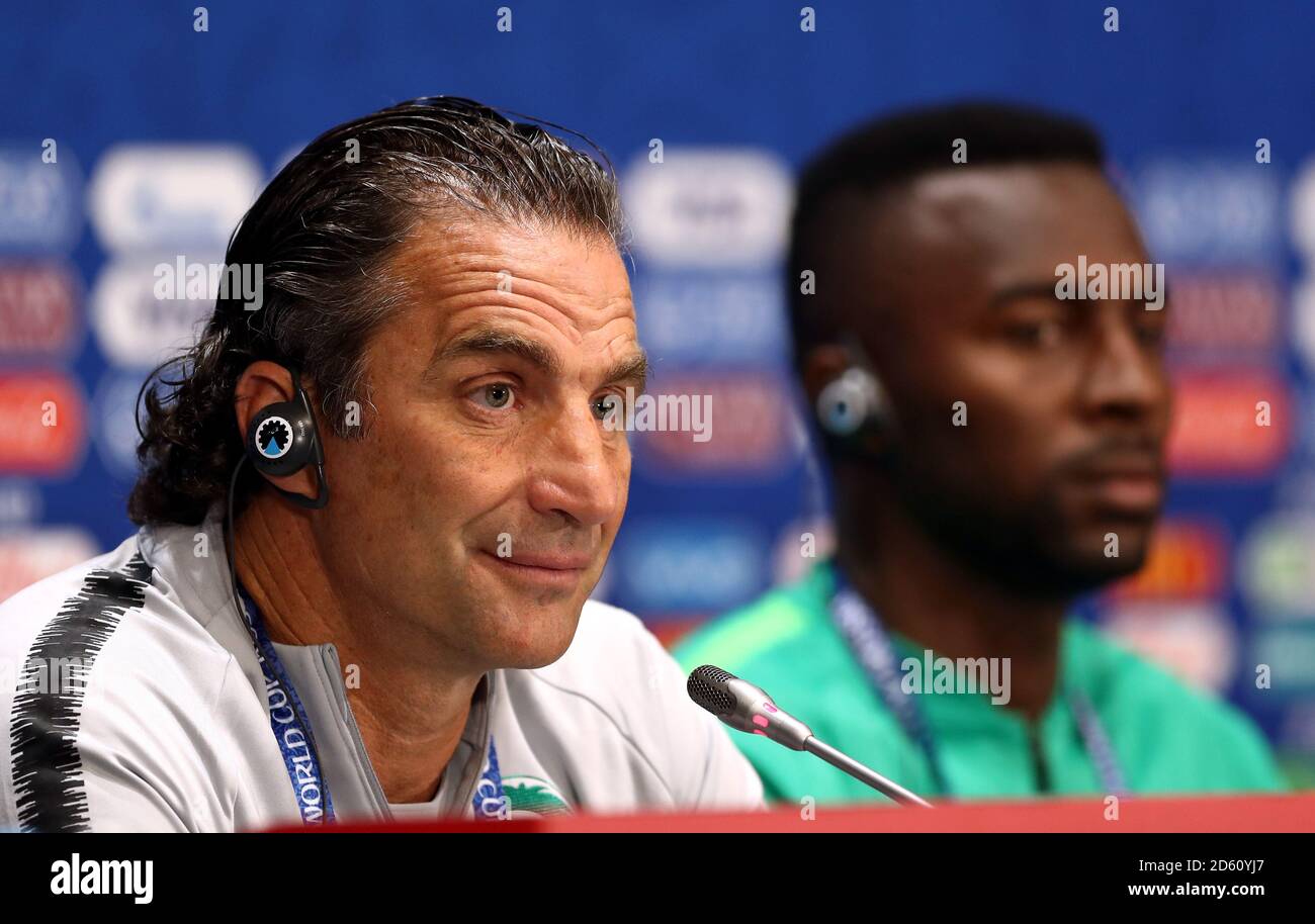 Saudi Arabia manager Juan Antonio Pizzi and Osama Hawsawi during a ... Saudi Arabia manager Juan Antonio Pizzi and Osama Hawsawi during a ...