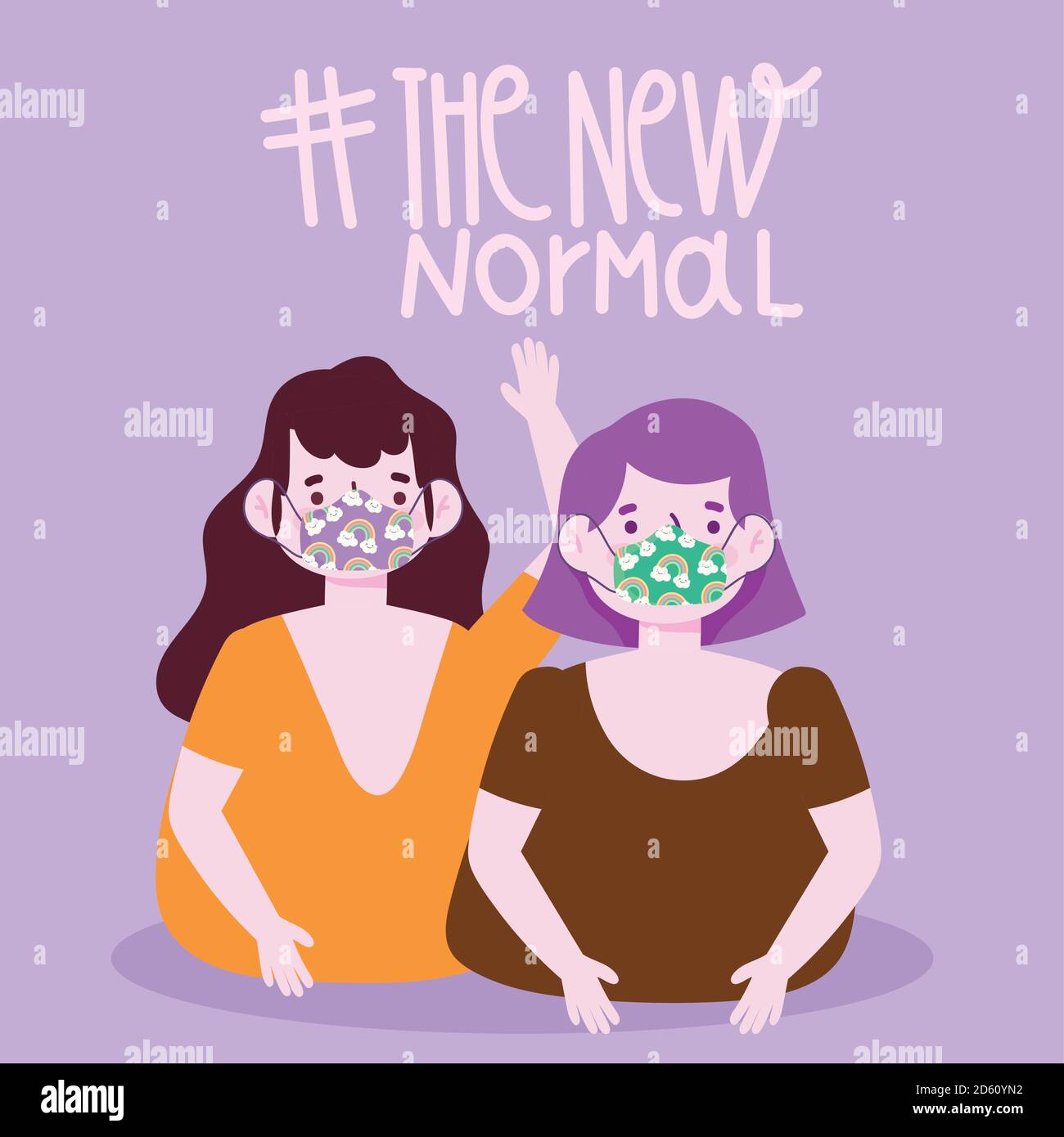 new normal lifestyle, two women wearing funny masks vector illustration ...