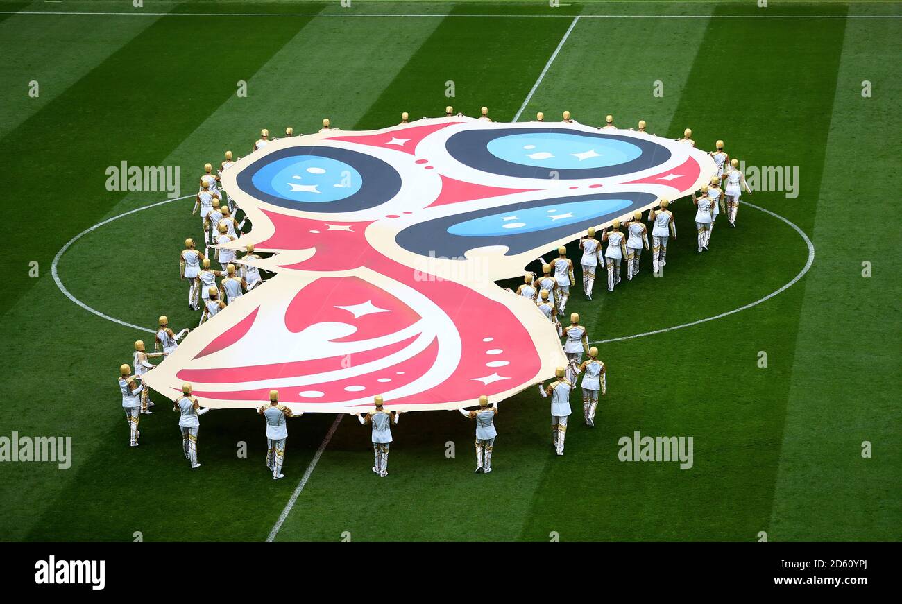 A large FIFA World Cup 2018 logo on the pitch before kick-off Stock ...