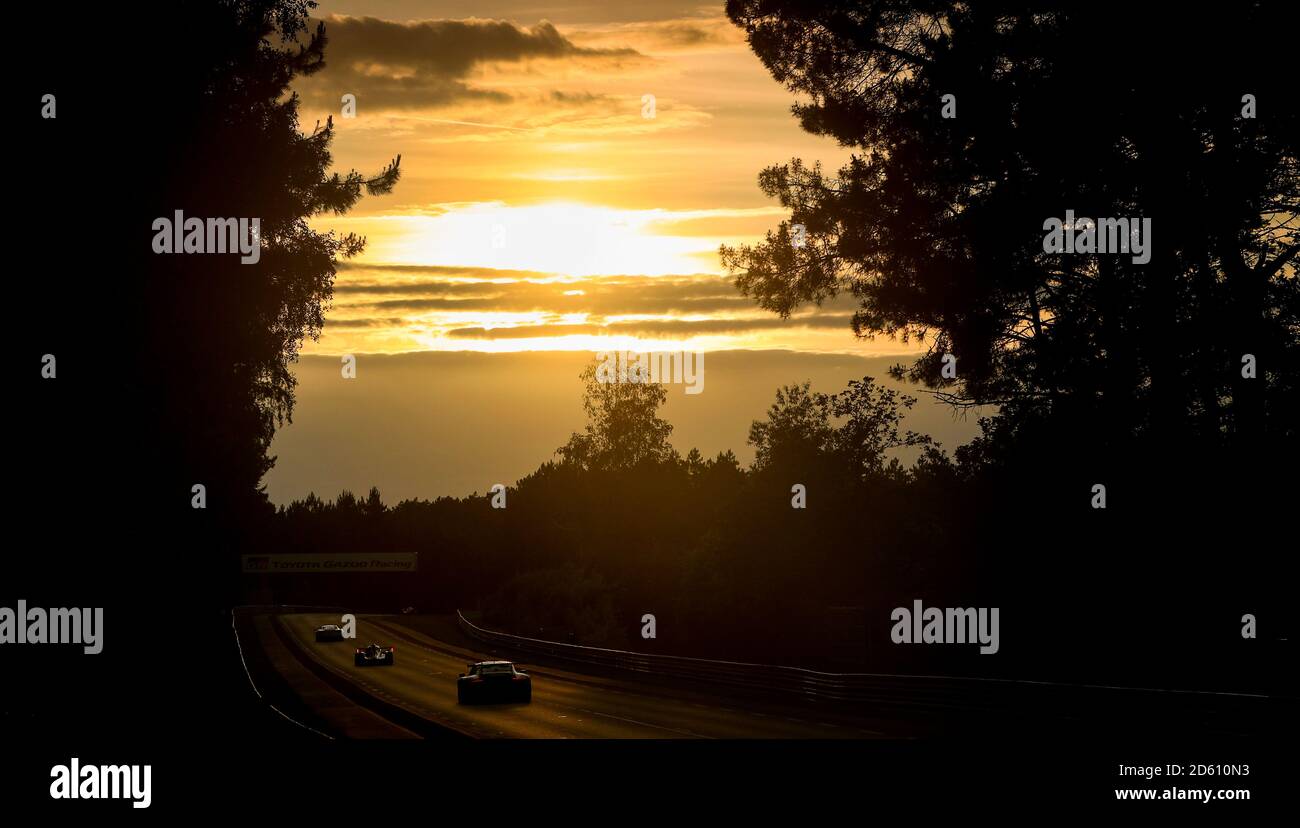Sun sets down the Mulsanne Straight during the Le Mans 24hrs Stock ...