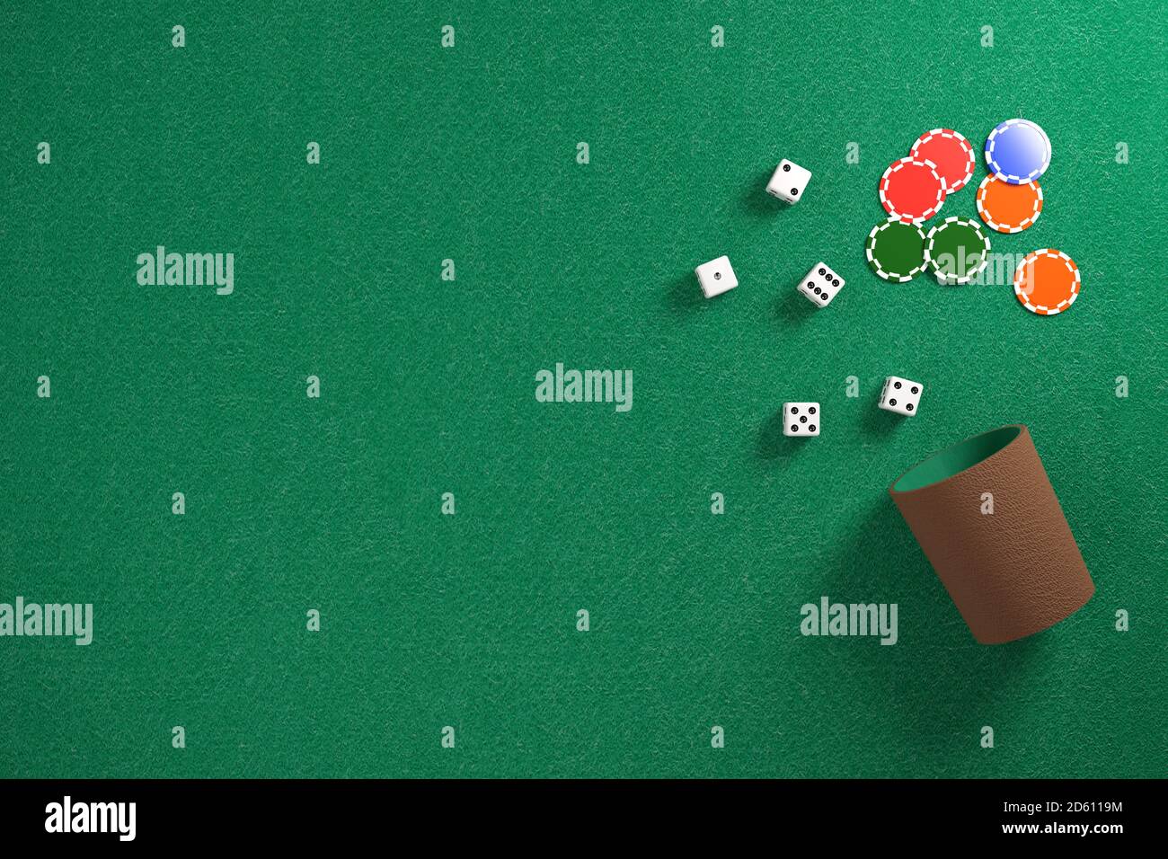 Top view of dice and dice cup and chips on a green cloth. 3d ...