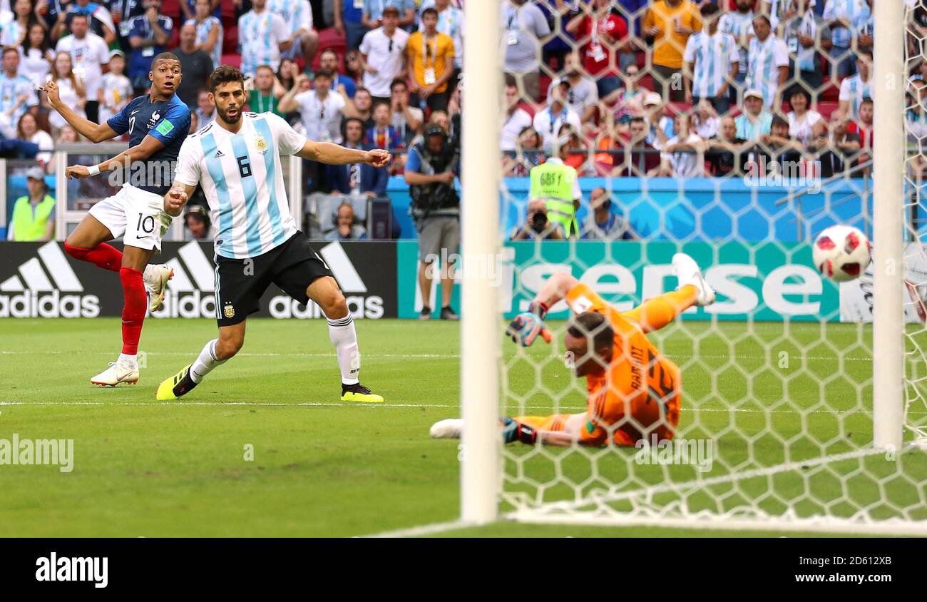 France's Kylian Mbappe scores his side's third goal of the game Stock ...