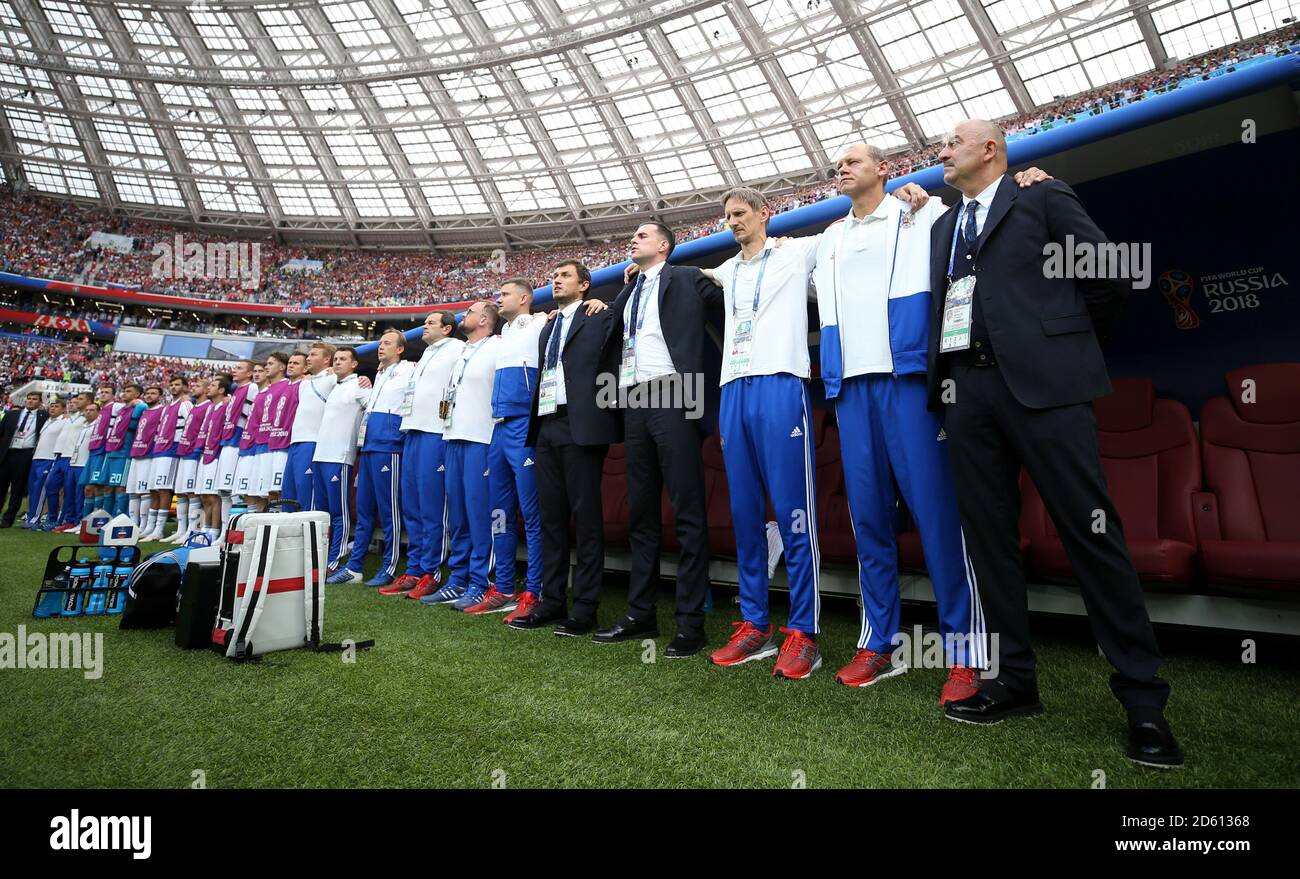 Russia manager Stanislav Cherchesov, players and staff line up prior to ...