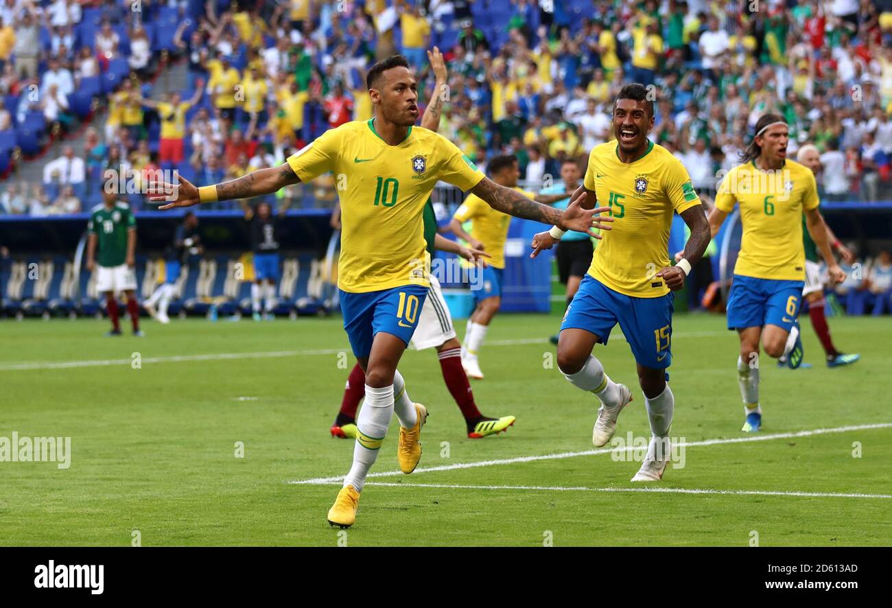 Brazil's Neymar celebrates scoring his side's first goal of the game ...