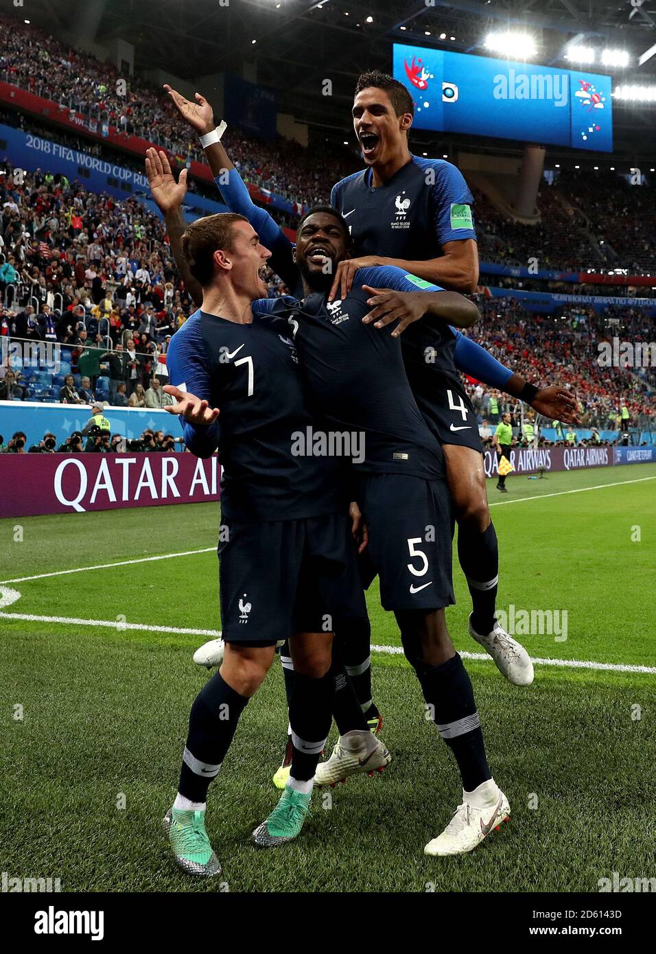 France's Samuel Umtiti (5) celebrates scoring his side's first goal of ...