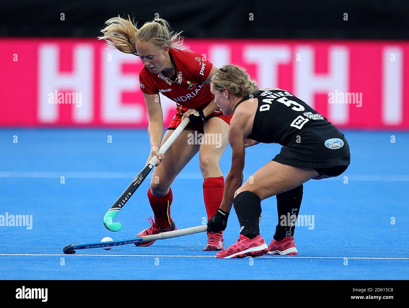 Belgium'ss Jill Boon and New Zealand's Frances Davies in action Stock ...