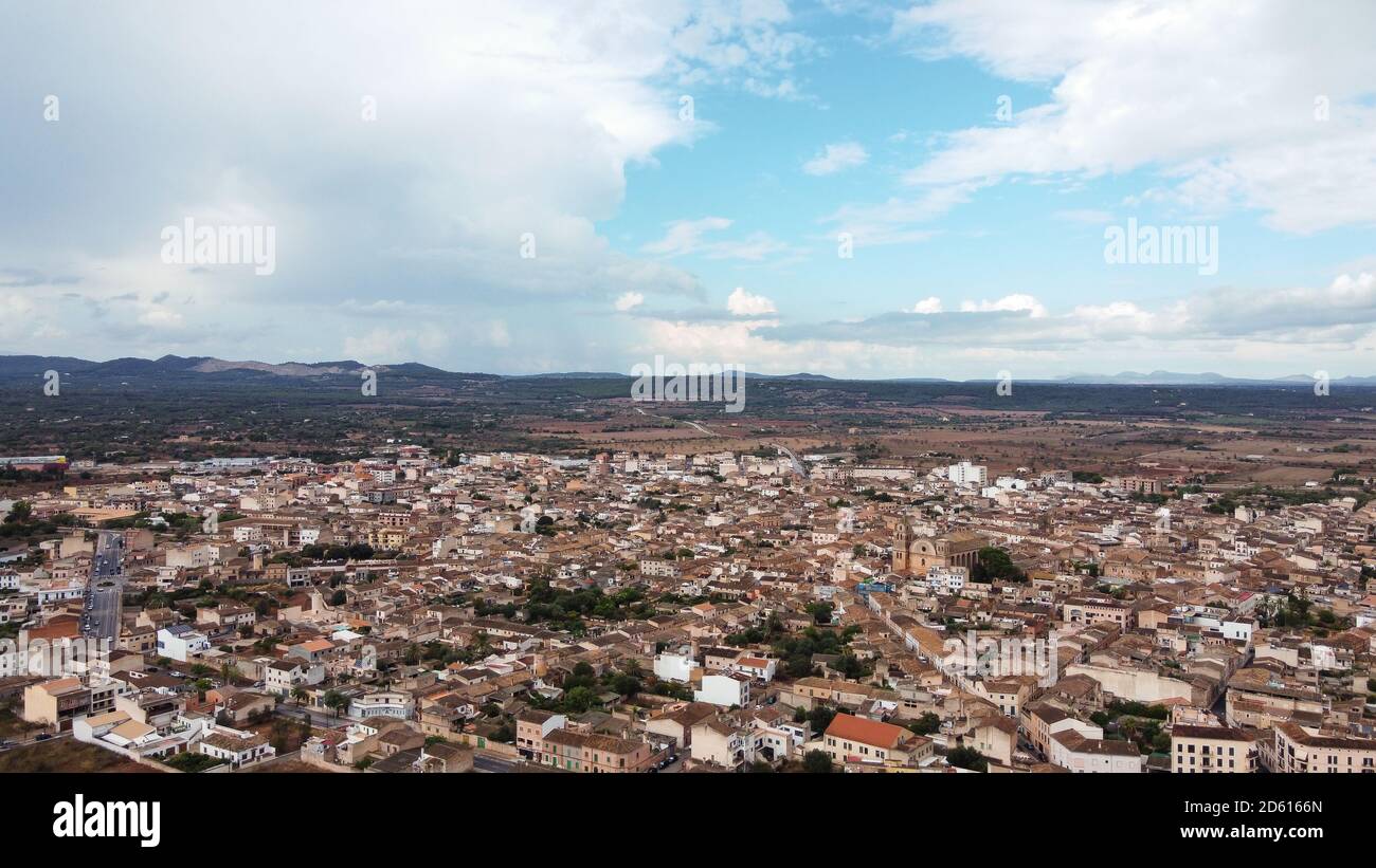 Aerial view of the village of Campos under a cloudy day in Spain Stock ...