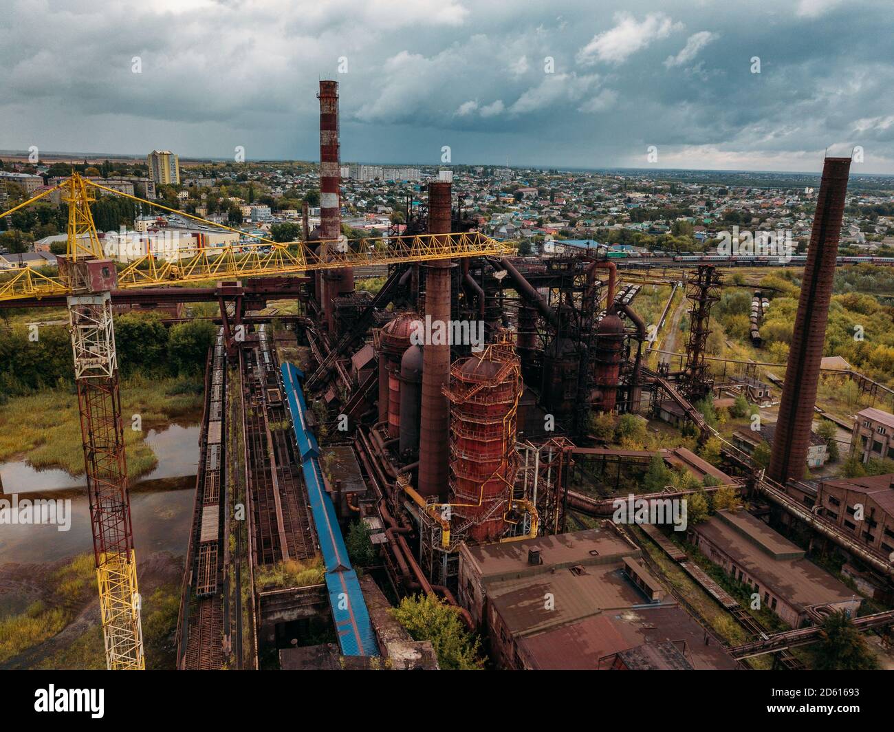 Blast furnace equipment of the metallurgical plant, drone aerial view ...