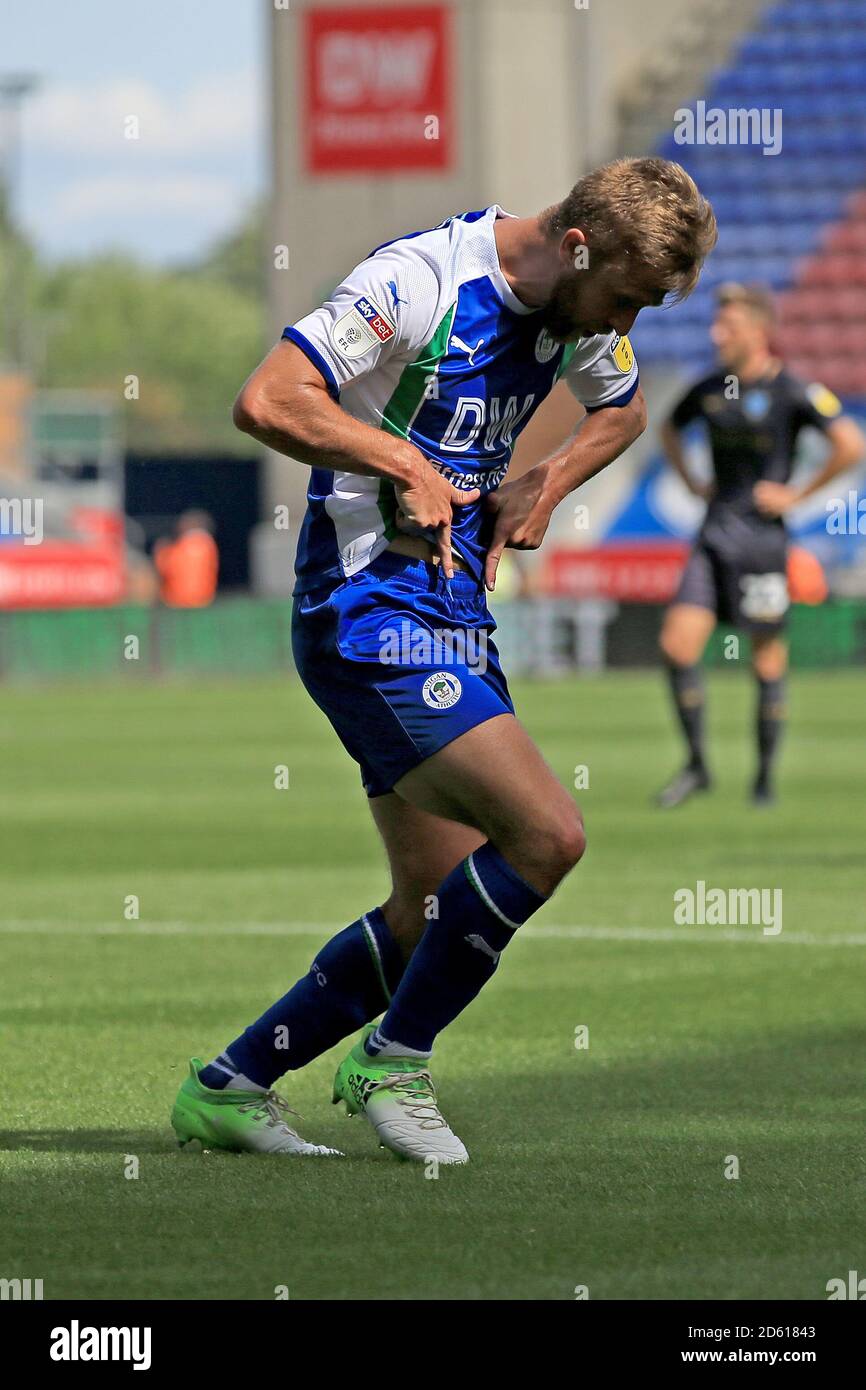 Wigan Athletic's Michael Jacobs celebrates after he scores his sides ...