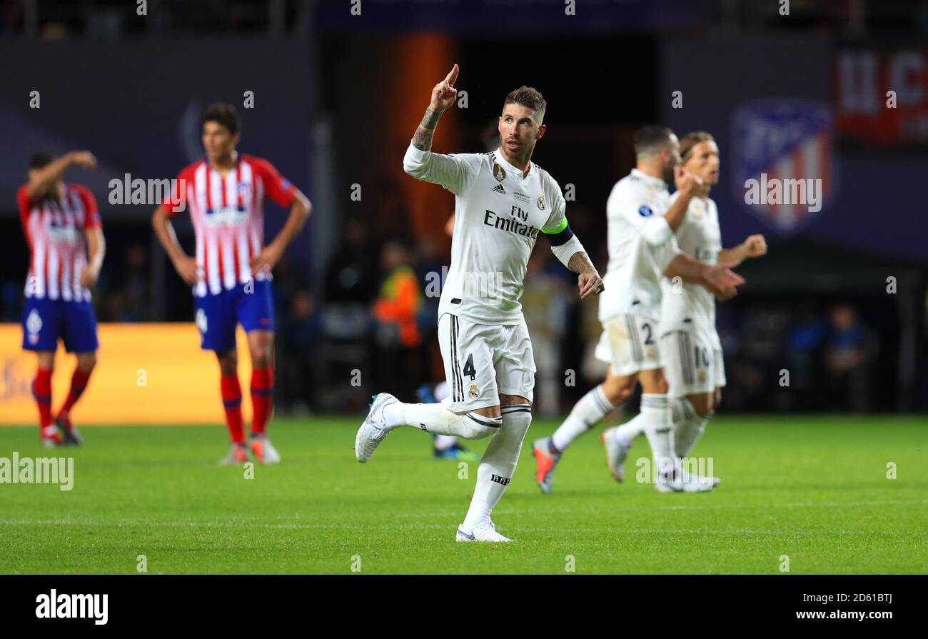 Real Madrid's Sergio Ramos celebrates scoring his side's second goal of ...