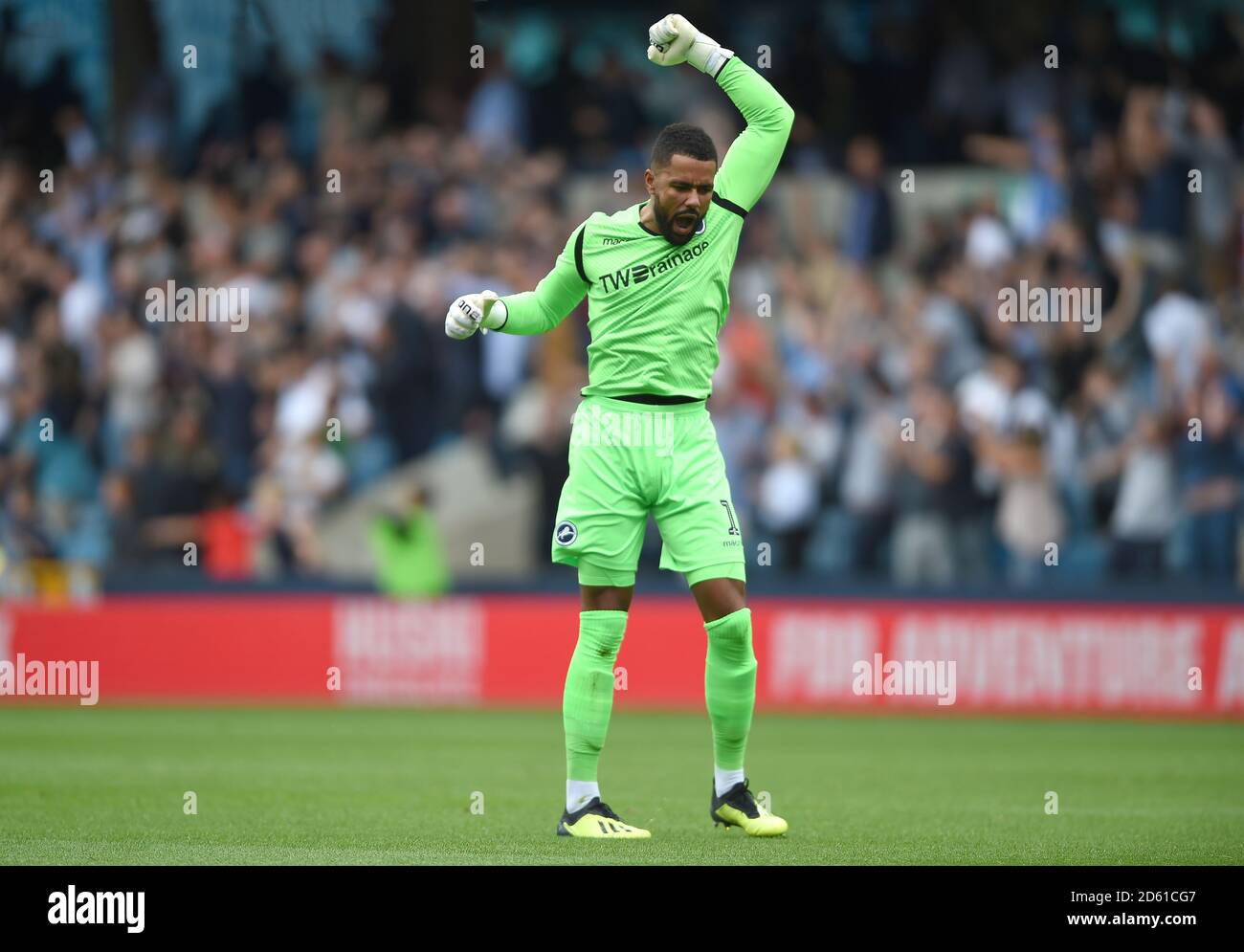 Millwall goalkeeper Jordan Archer celebrates as his side score their ...