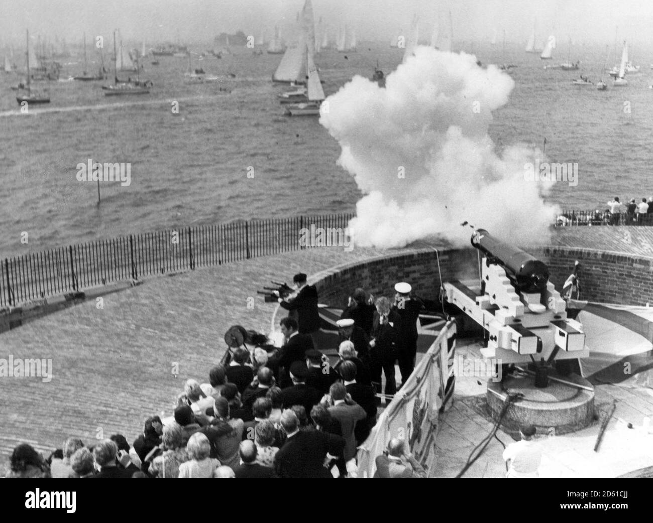 THE CANNON GOES OFF TO START THE ROUND THE WORLD YACHT RACE AT ...