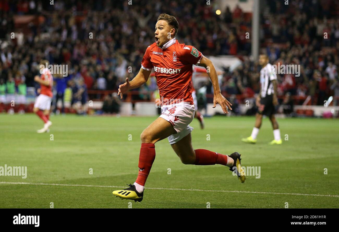 Nottingham Forest's Matty Cash (centre) scores his side's second goal ...