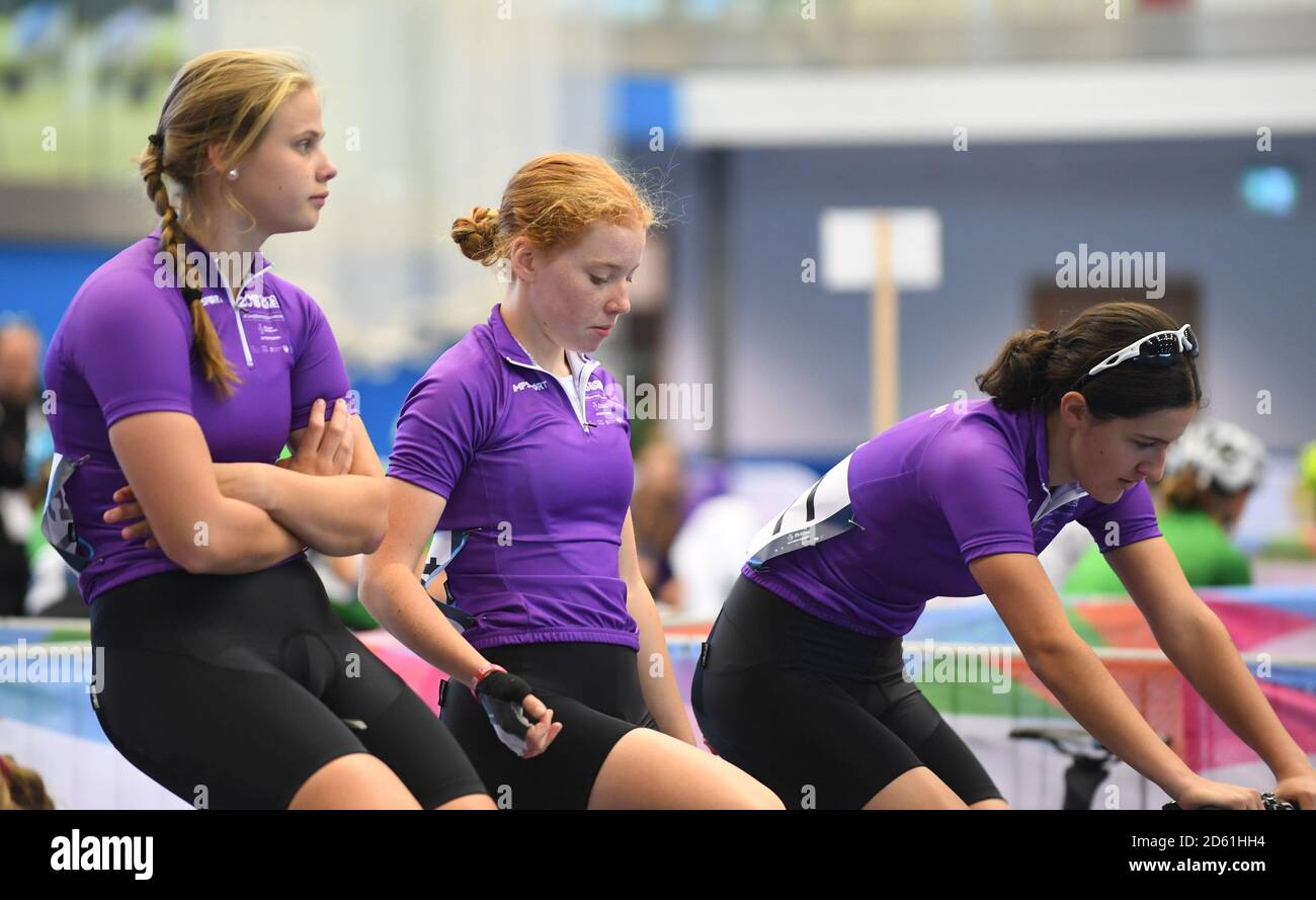 South East girls cycle team warm up prior to the race at the Derby ...