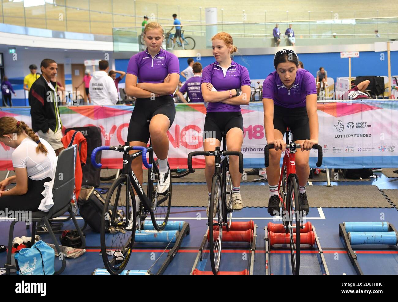 South East girls cycle team warm up prior to the race at the Derby ...