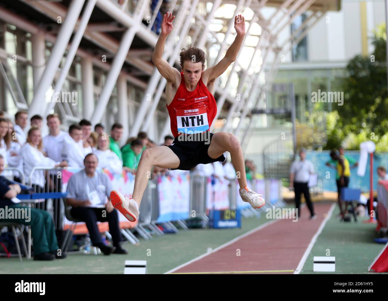 England North's Harvey Darroch competes in the Long Jump Boys during ...