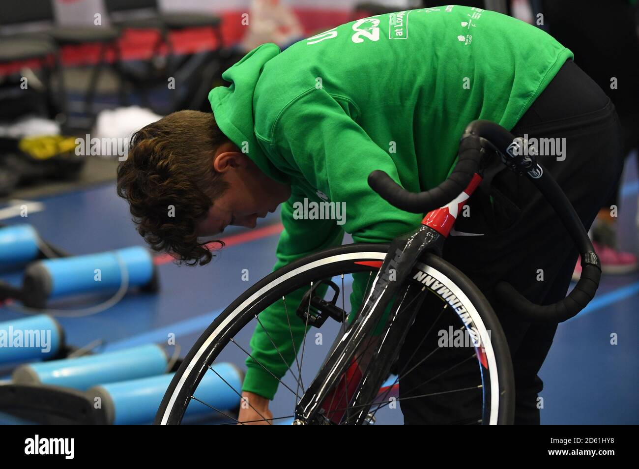 Teams warm up prior to the race at the Derby Velodrome, Derby Arena ...