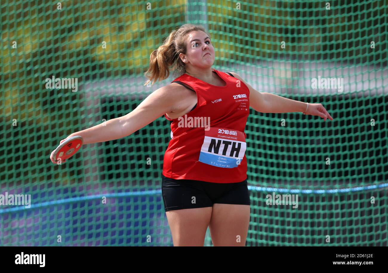 England North's Zara Acton competes in the Girls Discus during the 2018 ...