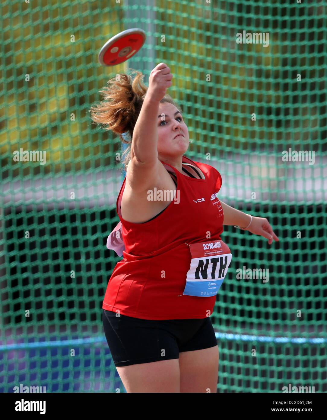 England North's Zara Acton competes in the Girls Discus during the 2018 ...