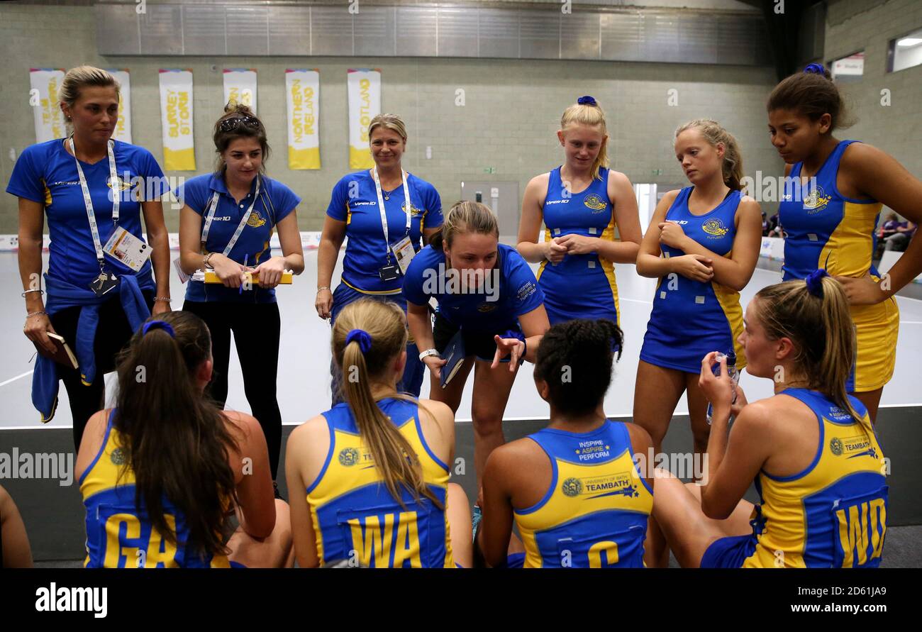 A coach speaks to members of Team Bath during the Netball tournament at ...