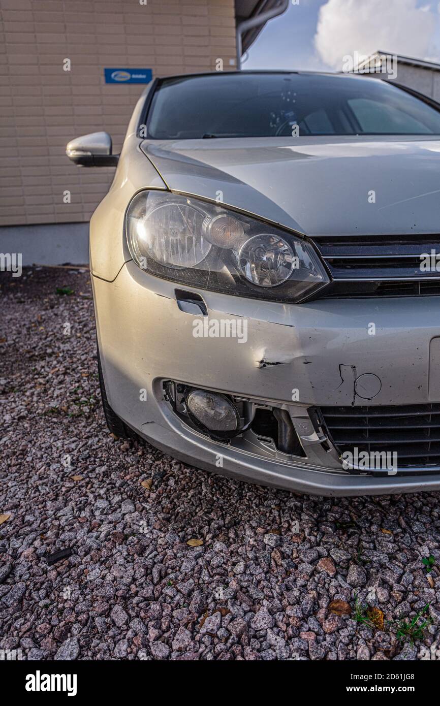 Helsinki, Uusimaa, Finland October 10, 2020 Car bumper dented Car ...