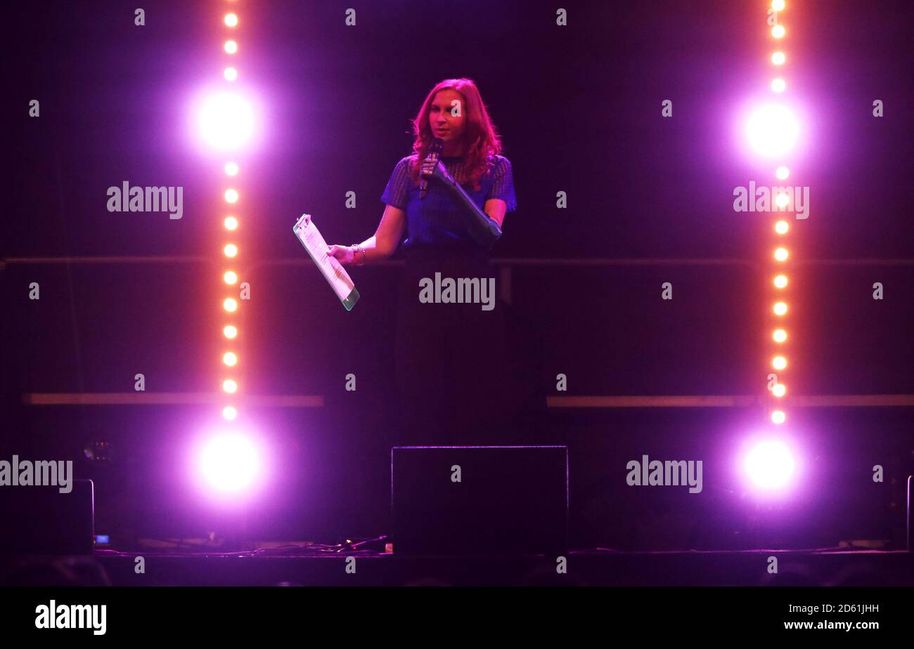 Presenter Kate Gray on stage during the opening ceremony of the 2018 ...
