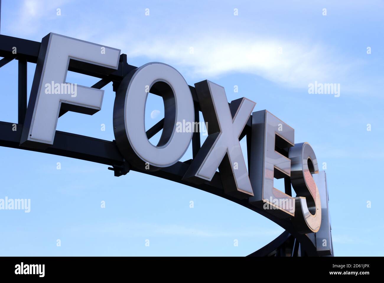The moon is seen through a Foxes sign at the King Power Stadium Stock ...