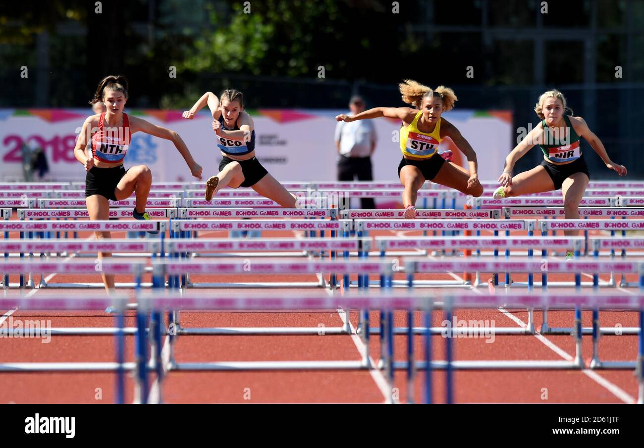 Competitors in the 80m Girls Hurdles during the Athletics competition ...