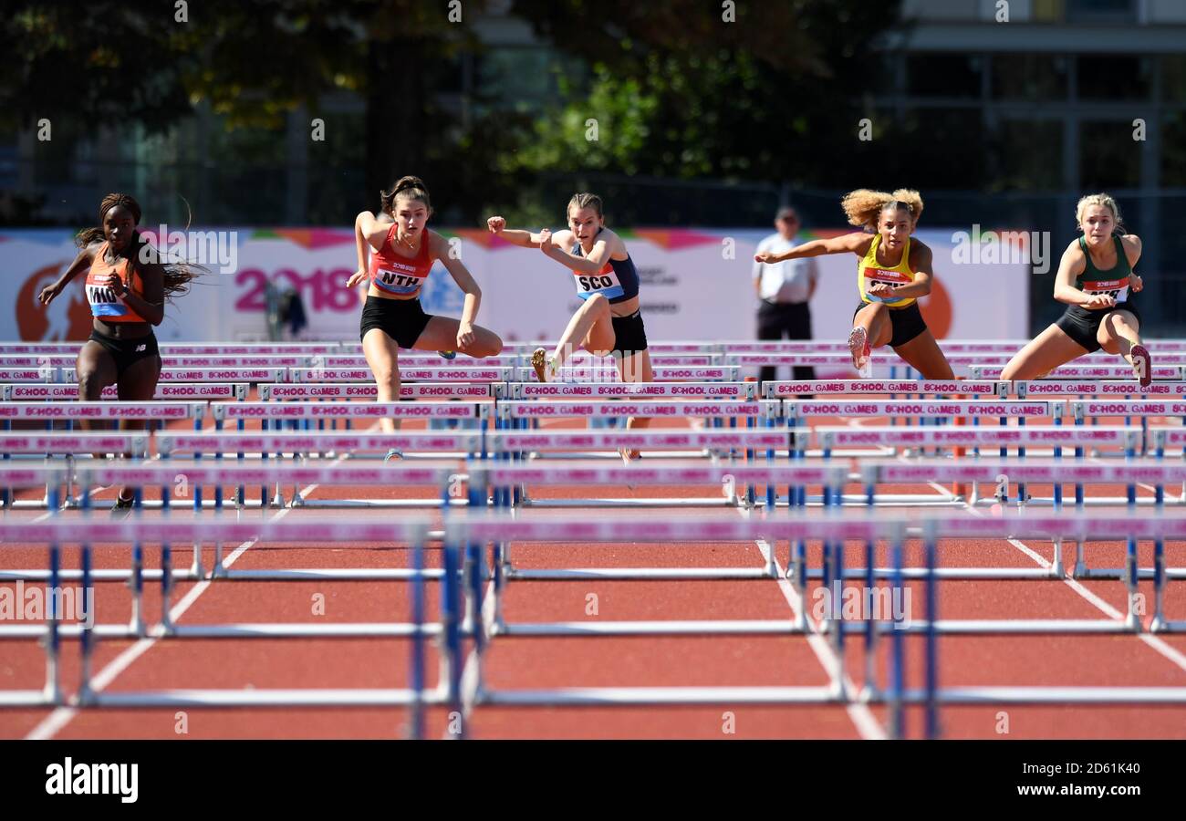 Competitors in the 80m Girls Hurdles during the Athletics competition ...