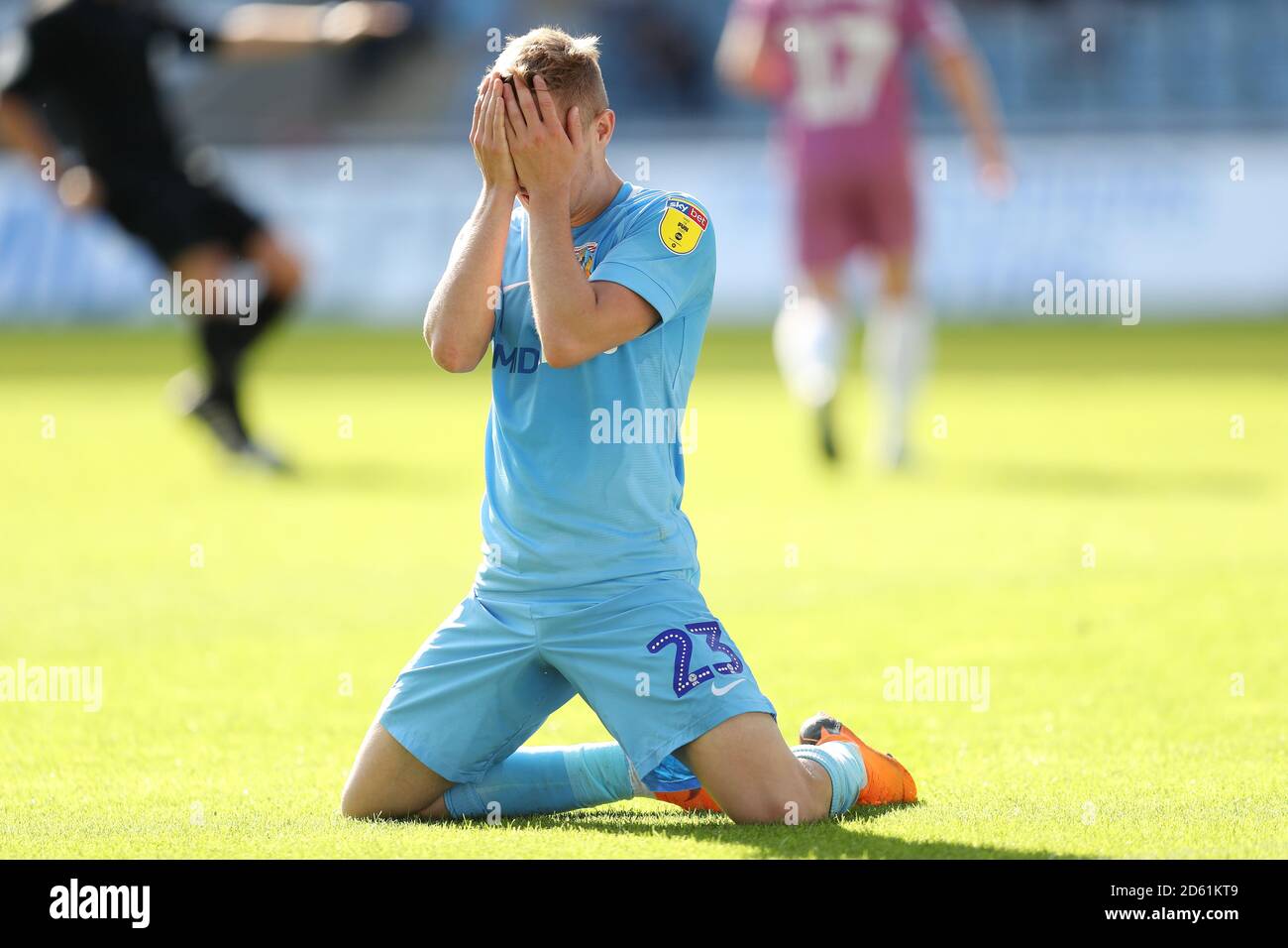 Coventry City's Luke Thomas holds his head after missing a chance Stock ...