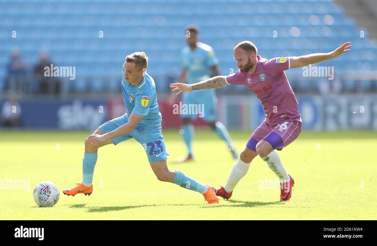 Coventry City's Luke Thomas and Rochdale's Matt Done (right Stock Photo ...