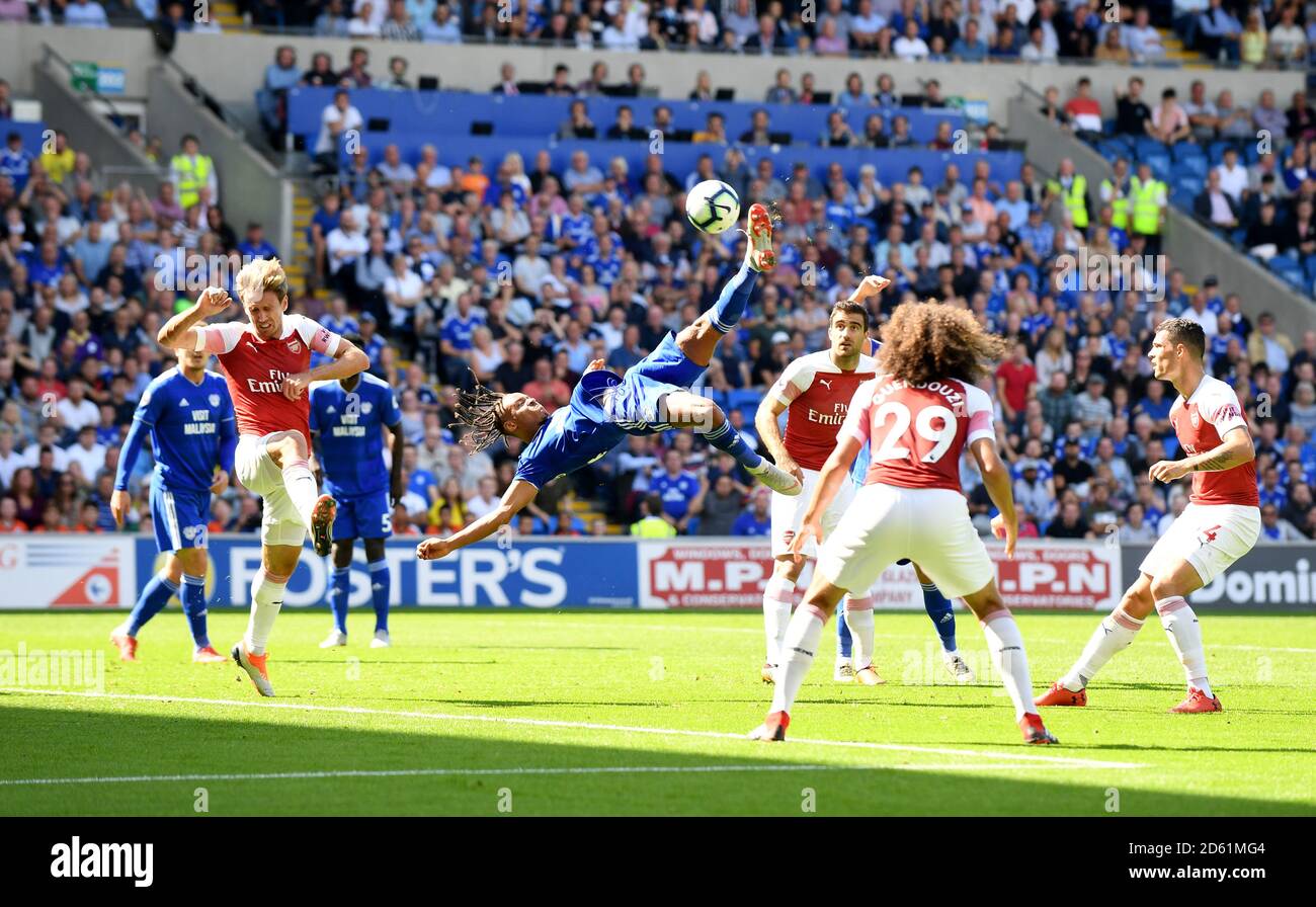 Cardiff City's Bobby Reid attempts an overhead kick shot Stock Photo ...