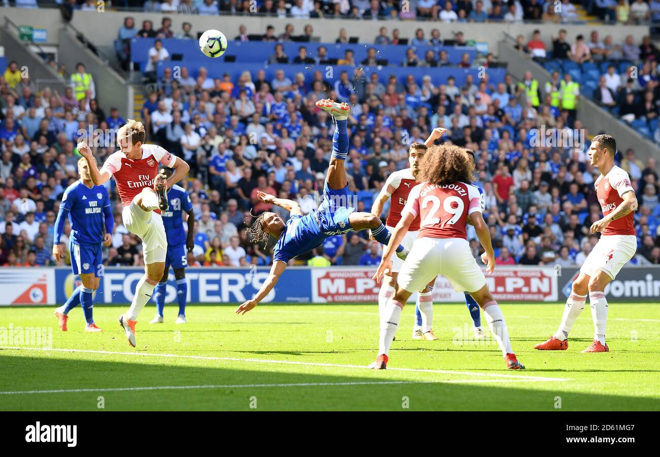 Cardiff City's Bobby Reid attempts an overhead kick shot Stock Photo ...