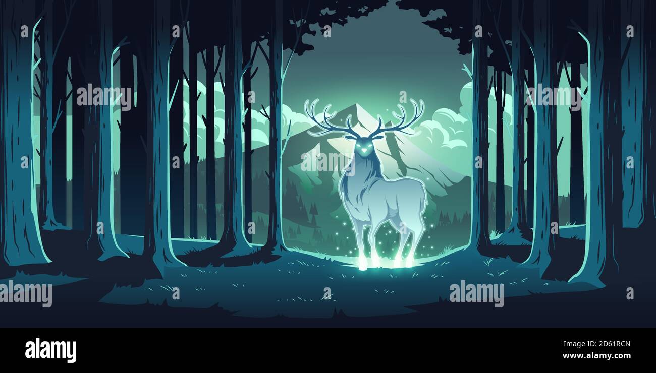 Magic deer in night forest, mystical stag with glowing eyes and body ...