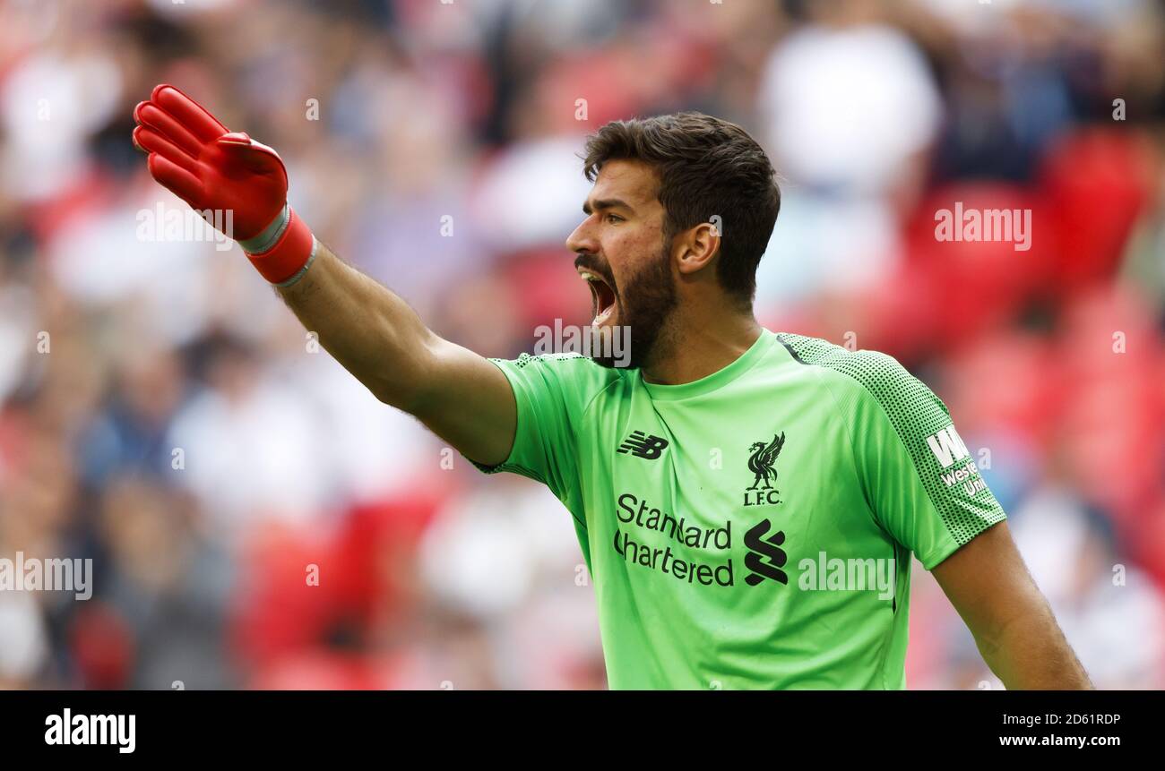 Liverpool goalkeeper Alisson Becker gestures during the match Stock ...