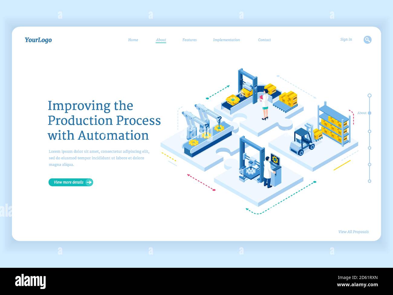 Production process with automation isometric landing page. Factory ...