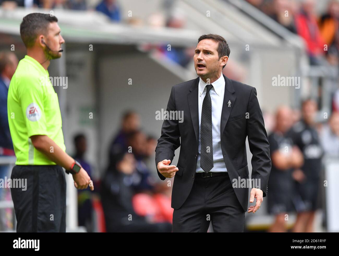 Derby County Manager Frank Lampard exchanges words with the linesman ...