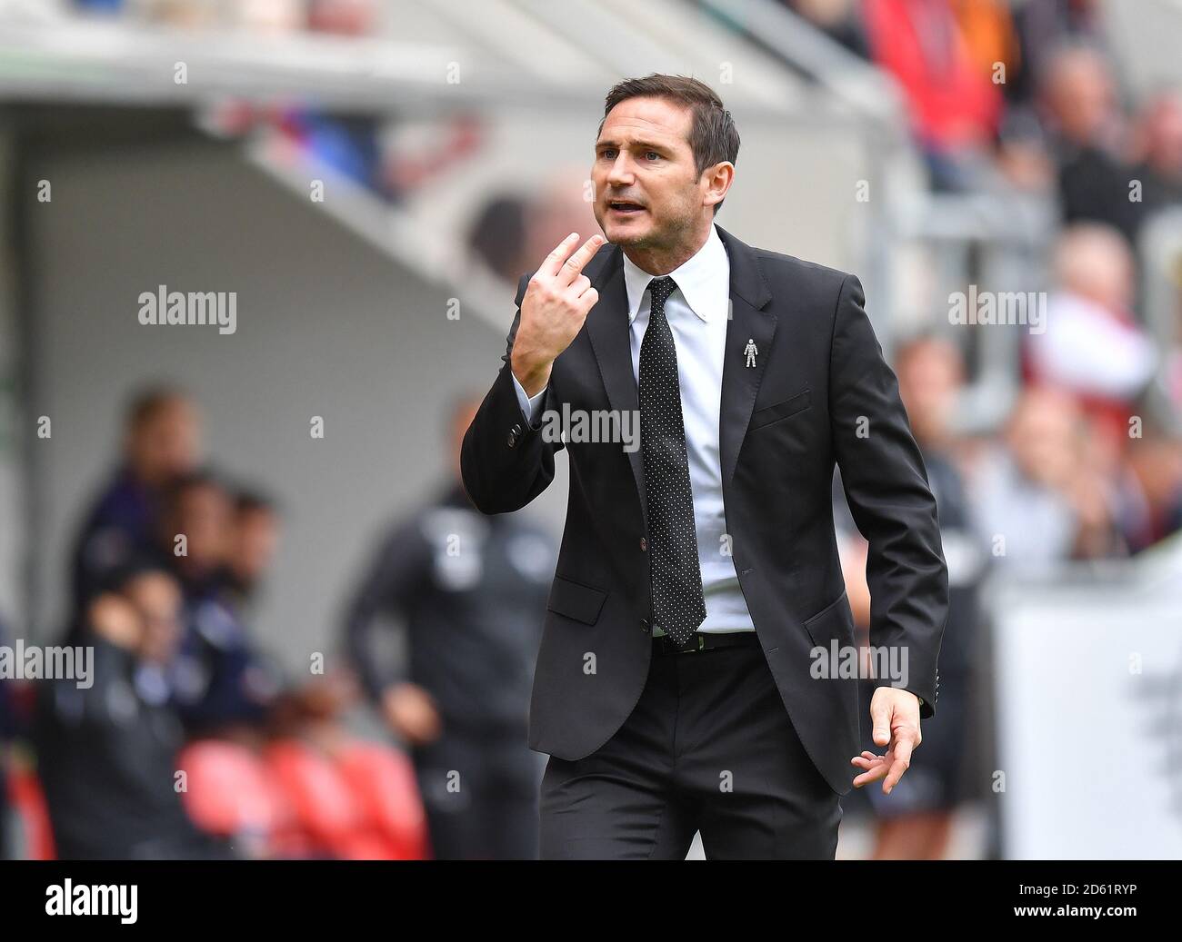Derby County Manager Frank Lampard exchanges words with the linesman ...