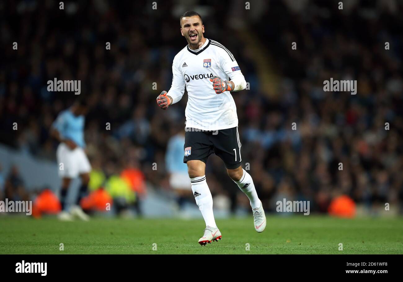 Lyon goalkeeper Anthony Lopes celebrates his side's first goal of the ...