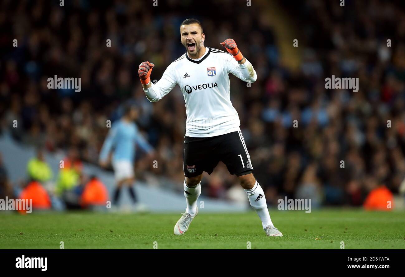 Lyon goalkeeper Anthony Lopes celebrates his side's first goal of the ...