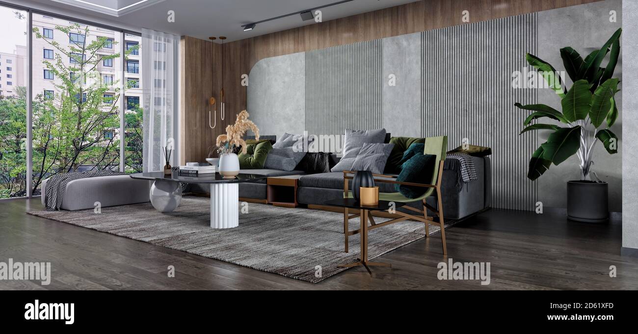 Modern interior style with grey sofa, pillows in earth colors, concrete ...