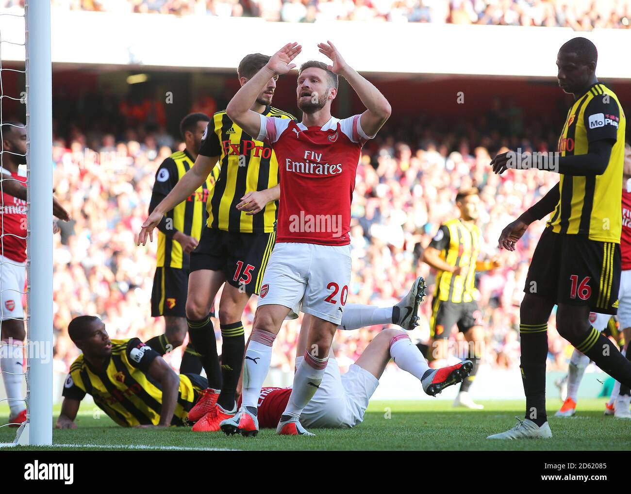 Arsenal's Shkodran Mustafi reacts after missing a goal scoring ...