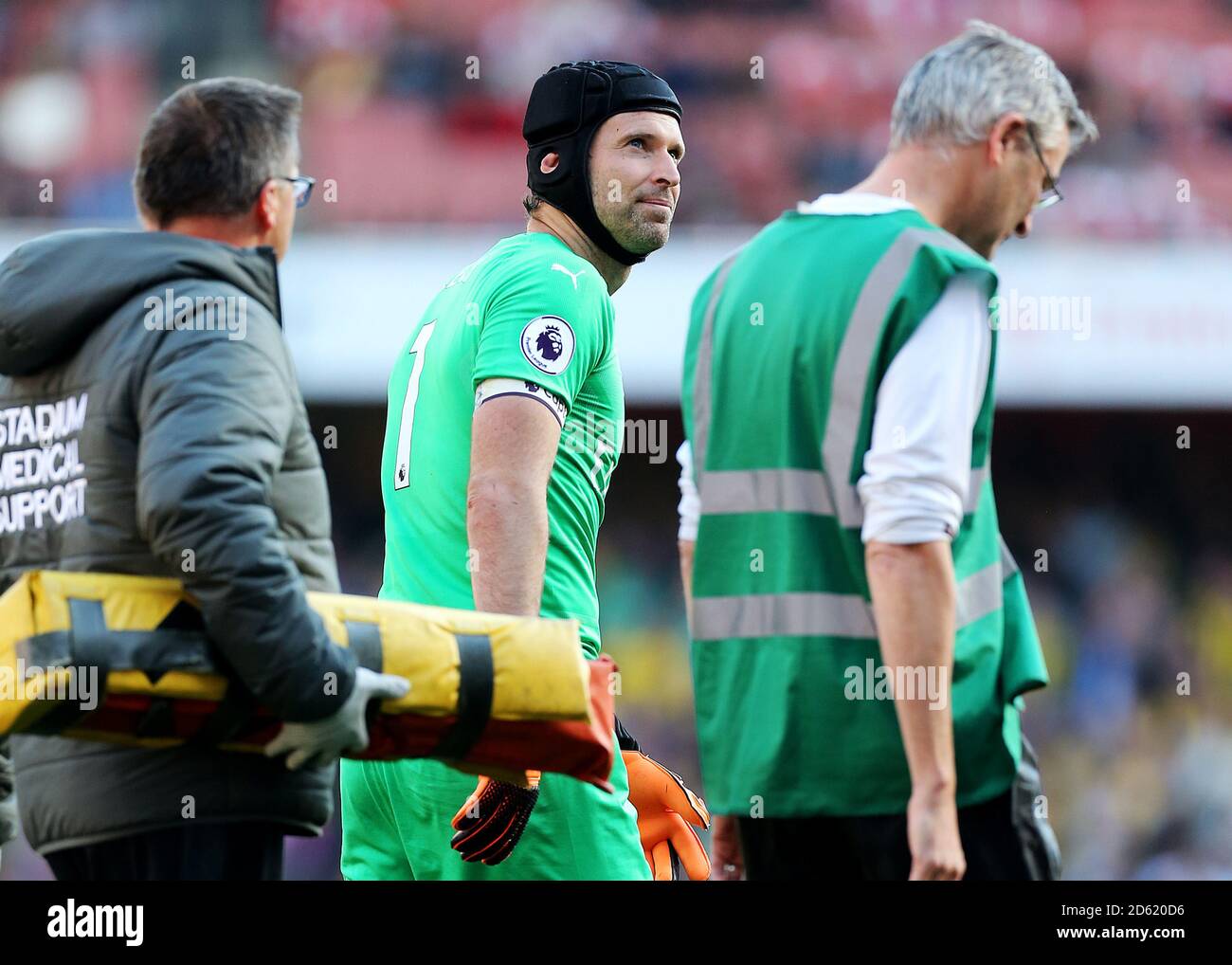 Arsenal Goalkeeper Petr Cech looks up to his family as he leaves the ...