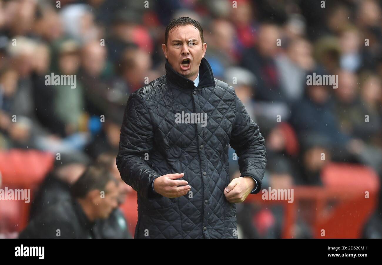 Plymouth Argyle Manager Derek Adams gestures on the touchline Stock ...