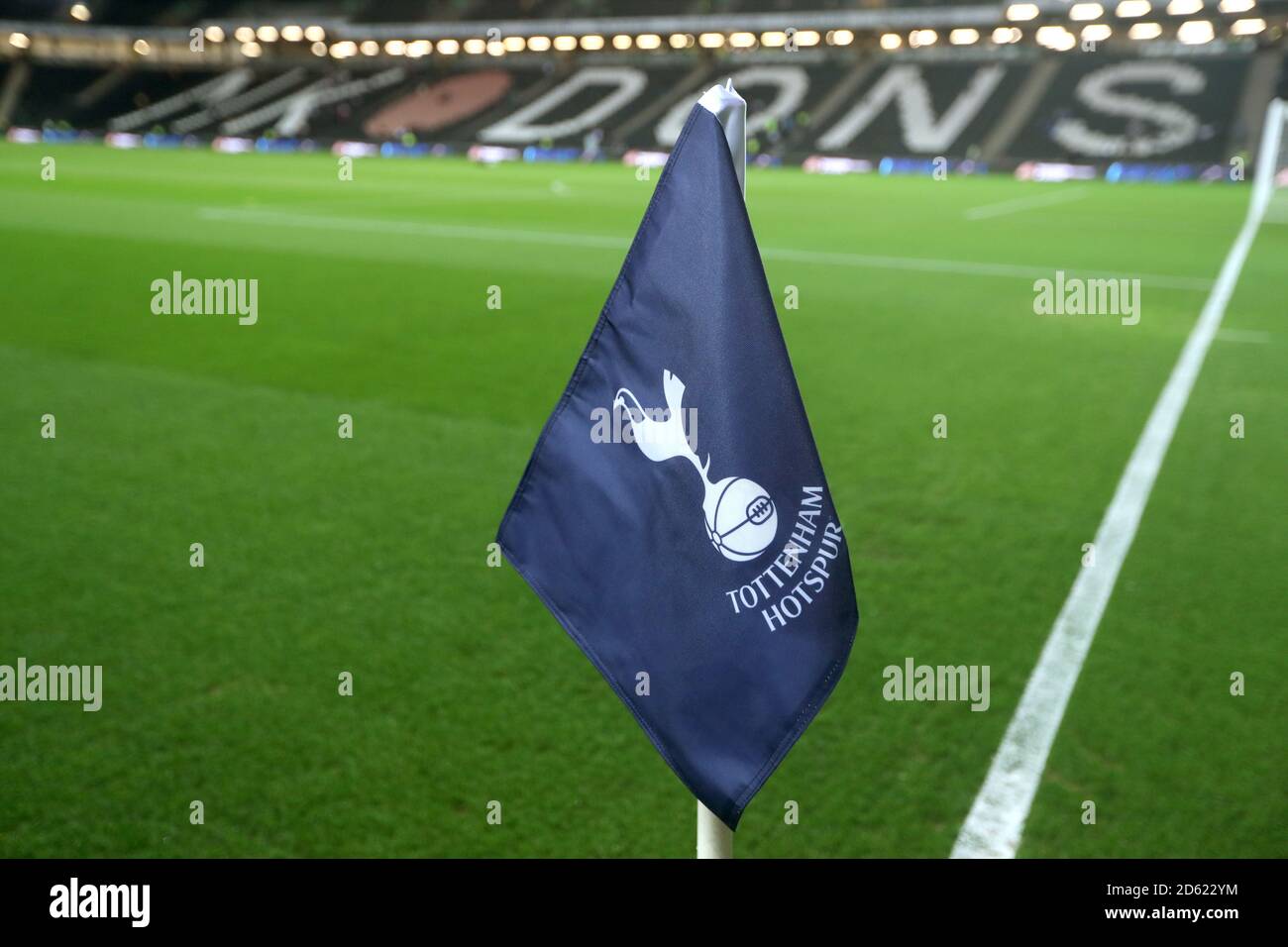 General view of a Tottenham Hotspur corner flag at Stadium MK Stock ...