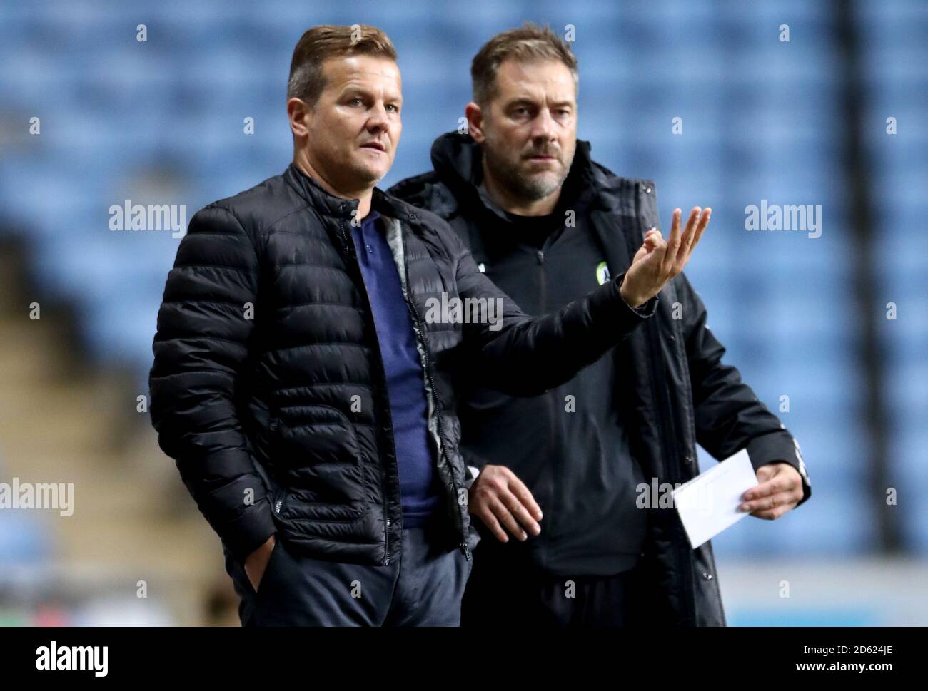 Forest Green manager Mark Cooper (left) with assistant Scott Lindsey ...